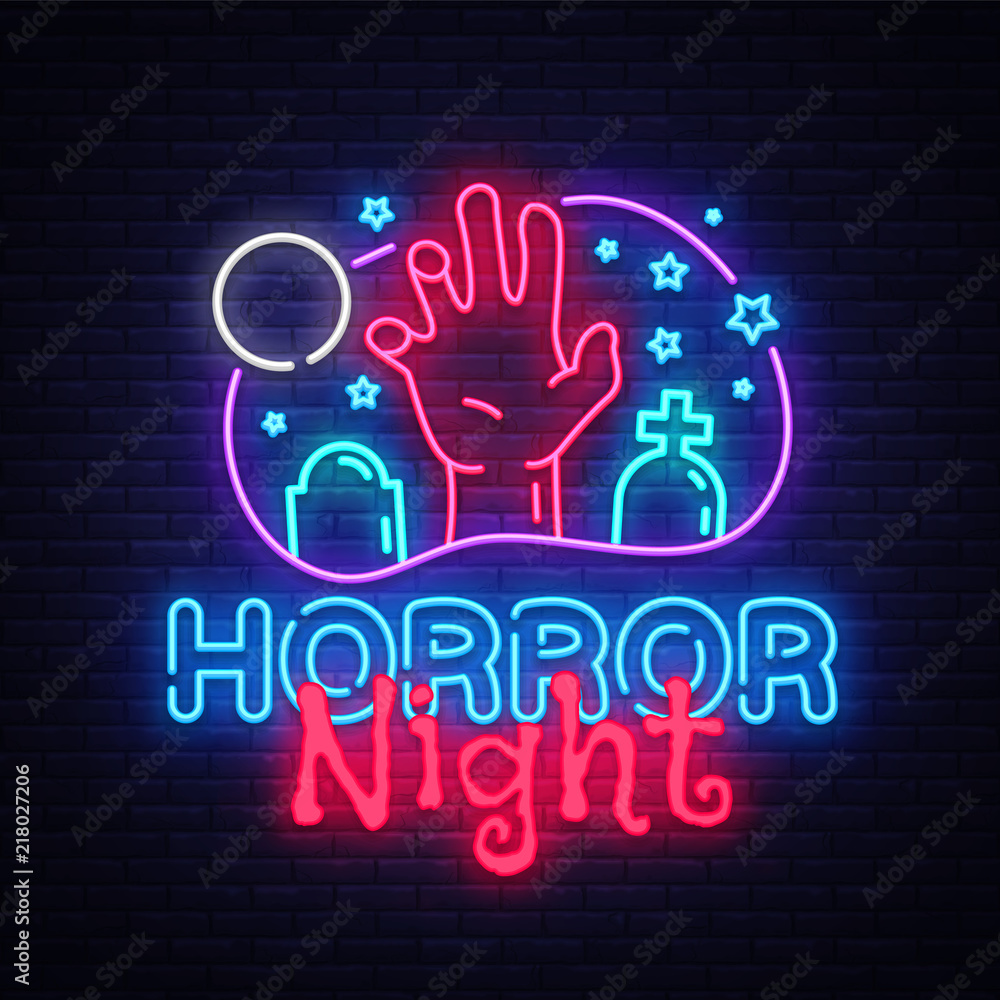 Horror Night neon sign vector. Halloween Poster Design template neon ...