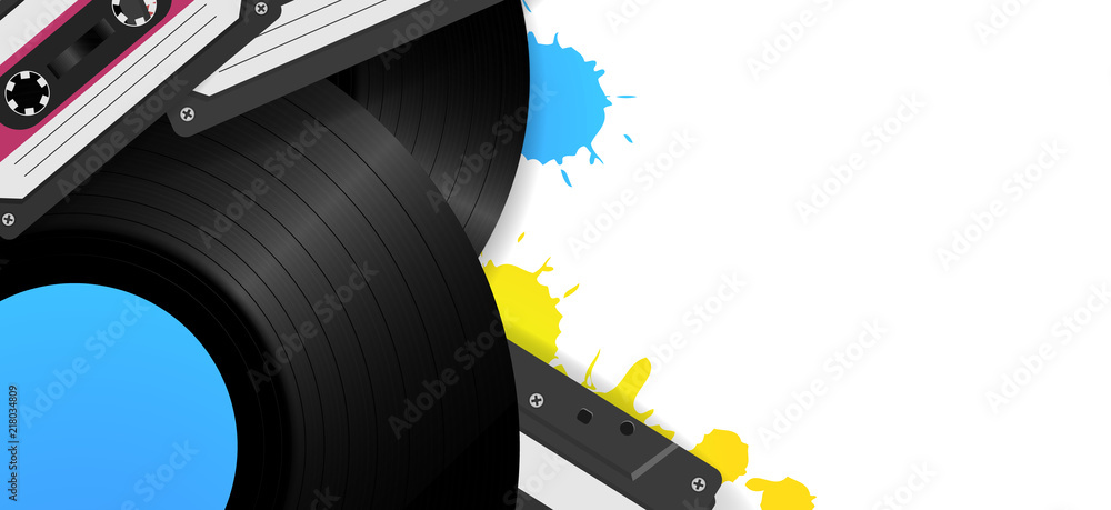 Vintage background with vinyl records and audio tapes. Retro music ...