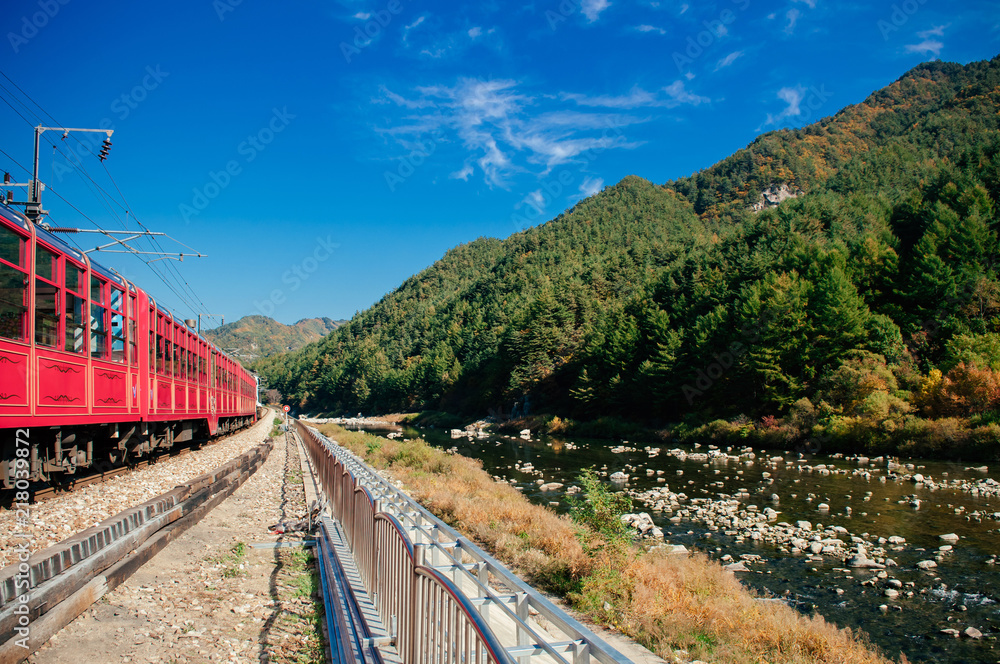 V-Train sightseeing train run along stream and valley of Gangwon-do ...
