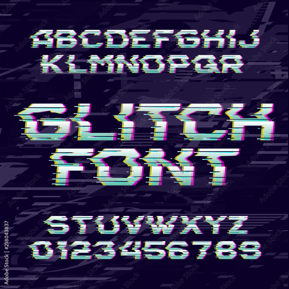 Glitch alphabet font. Distorted type letters and numbers on a glitched ...