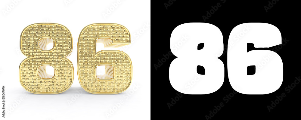 Golden number eighty six (number 86) on white background with drop ...