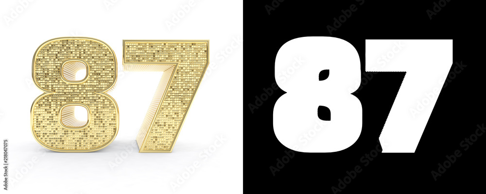 Golden number eighty seven (number 87) on white background with drop ...