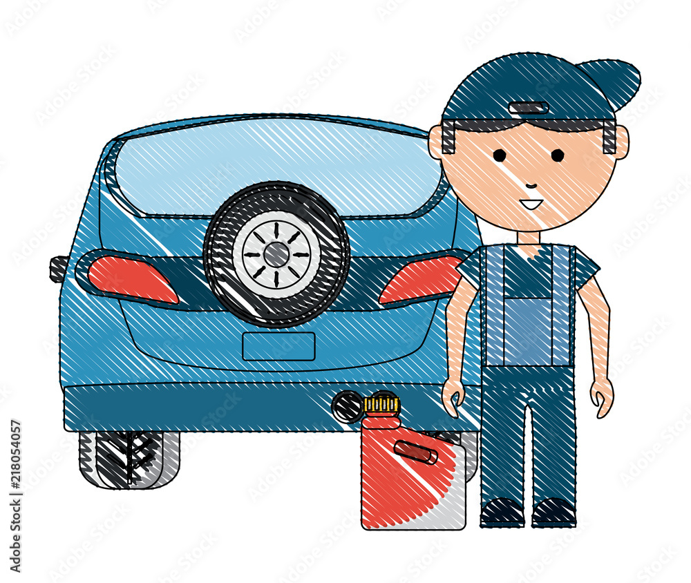 cartoon mechanic with car and galon over white background, vector ...