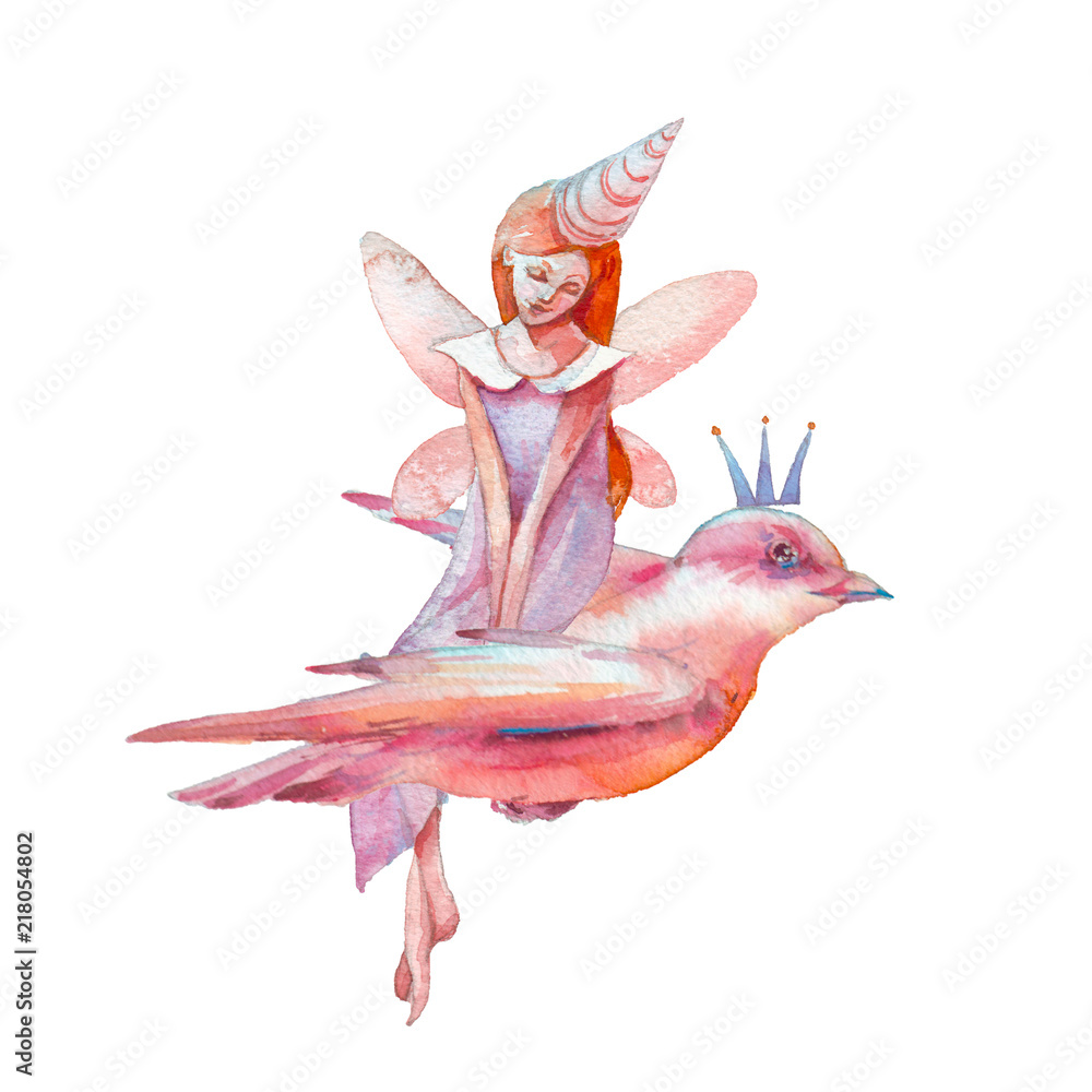 Watercolor fairy and bird illustration. Hand painted fairytale ...