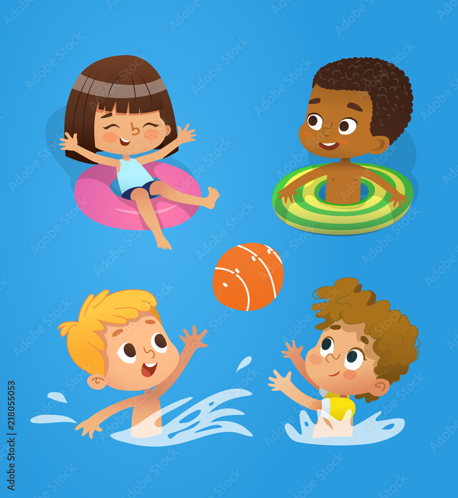 Pool character. Multiracial Children have fun in pool. Children playing ...