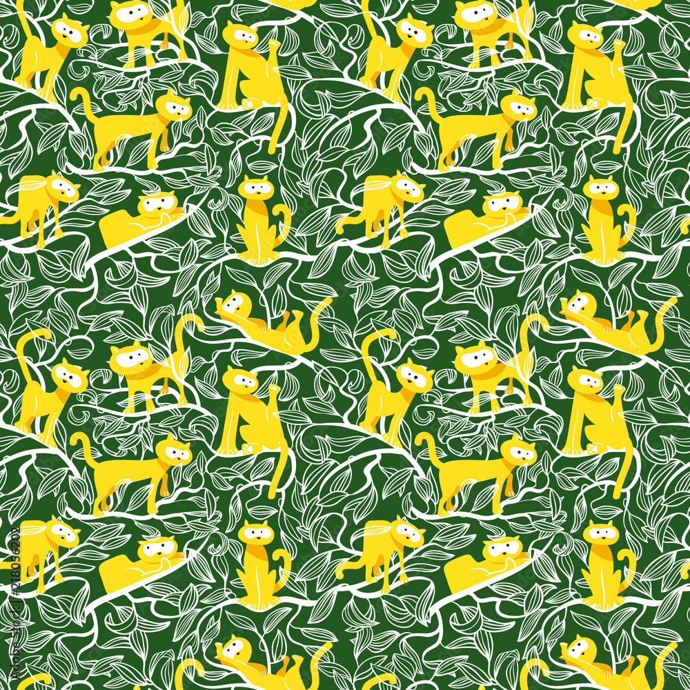 Seamless pattern with cats and stripped leaves. Background with funny ...