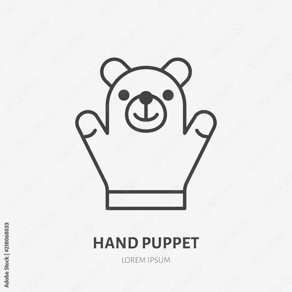Hand puppet line icon, baby soft bear toy flat logo. Cute plush animal ...