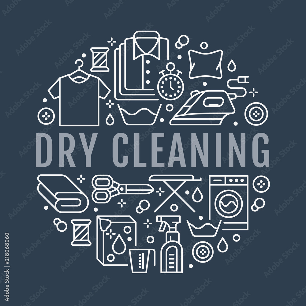 Dry cleaning, banner illustration with flat line icons. Laundry service ...