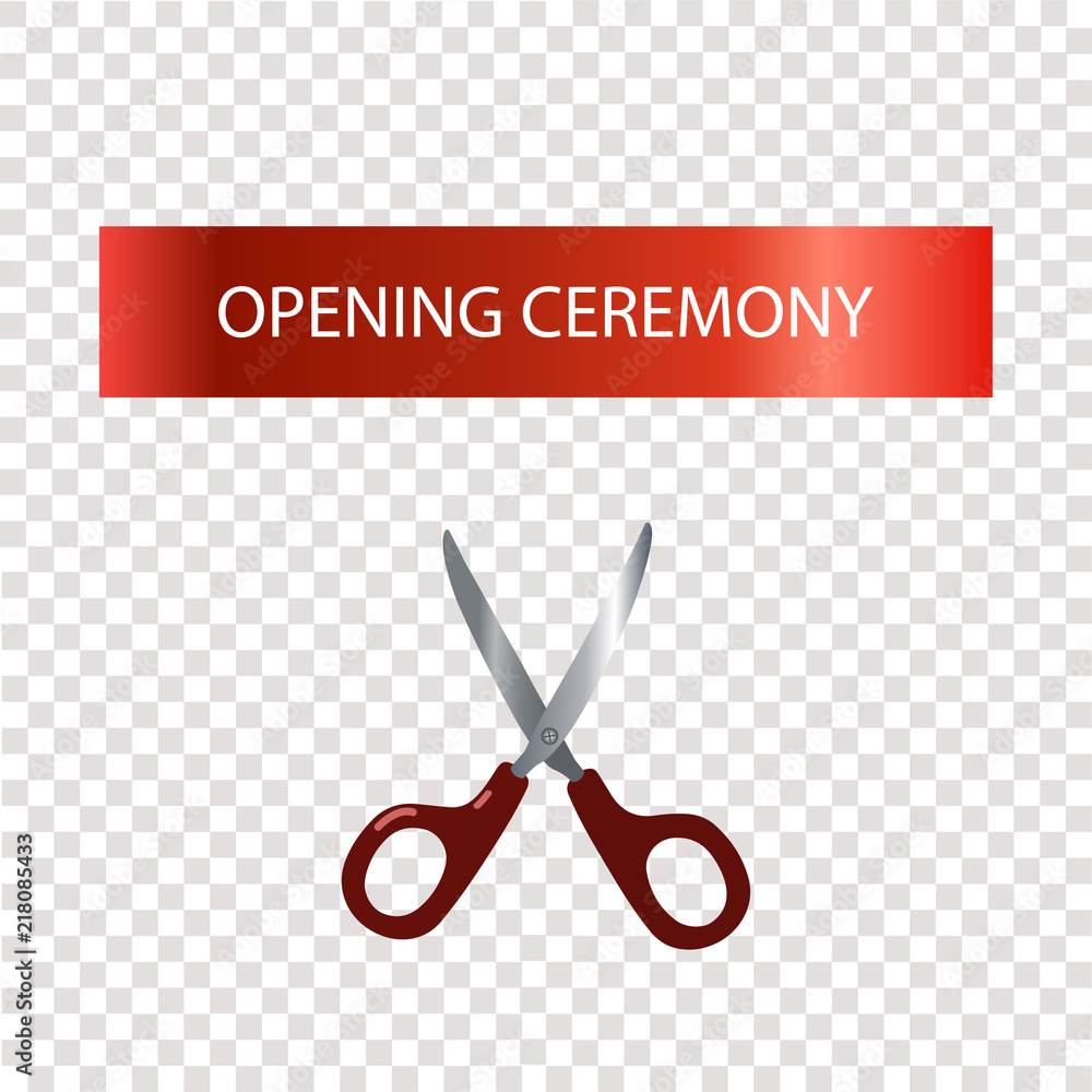Red banner Opening ceremony on transparent background with scissors ...