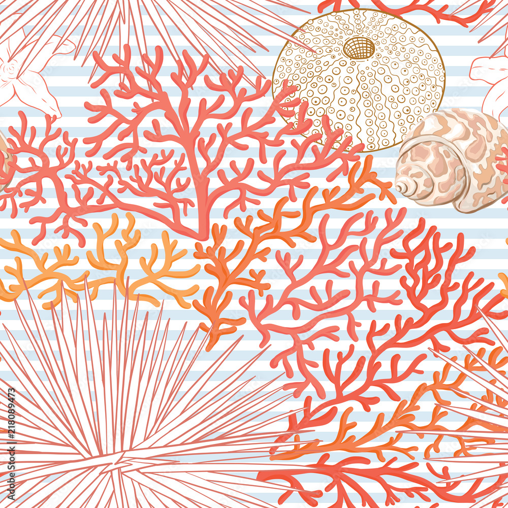 Sea world seamless pattern, background with fish, corals and shells on ...