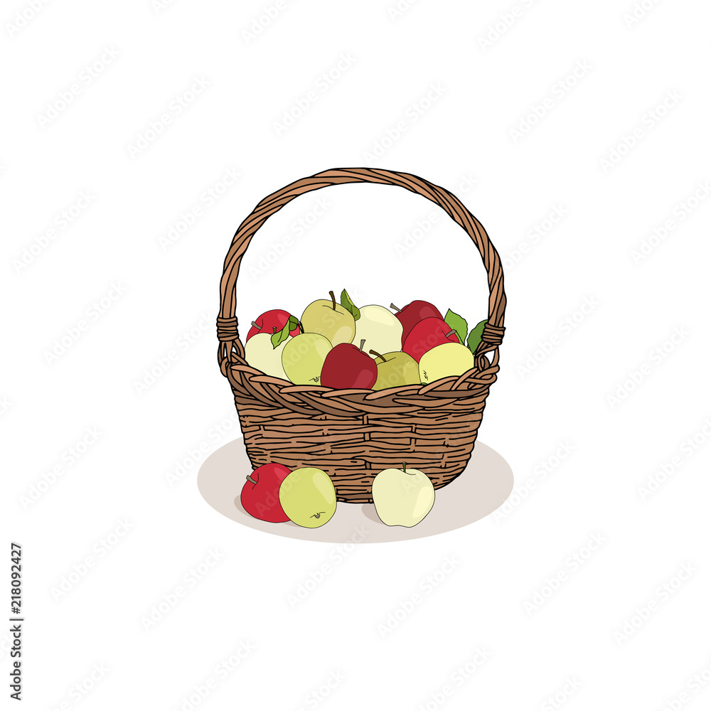 Basket with different kinds of apples with shadow isolated on white ...