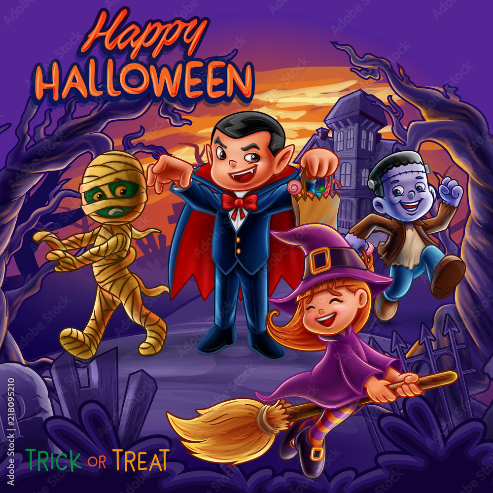 happy halloween cartoon illustration scene Stock Vector | Adobe Stock