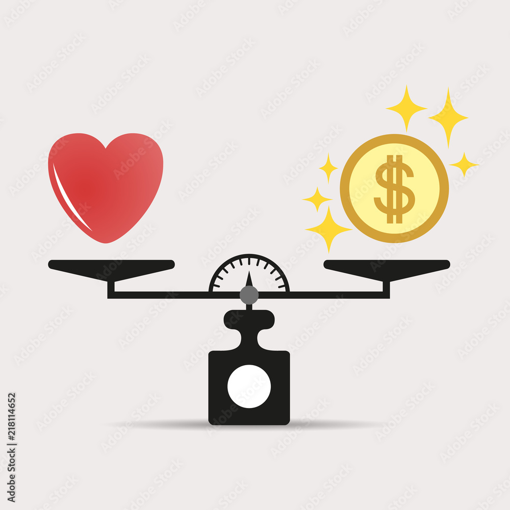 Heart and money for scales icon. Balance of money and love in scale ...