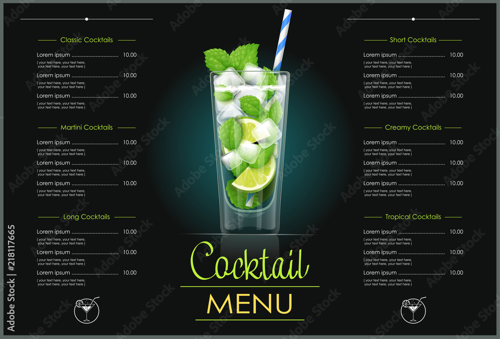 Mojito glass. Cocktail menu concept design for alcohol bar. Stock ...