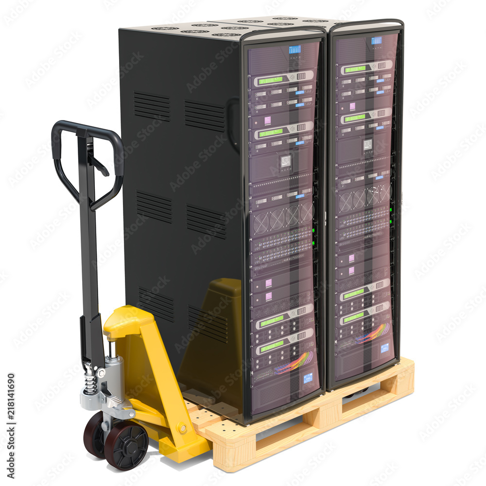Pallet truck with computer server racks, delivery concept. 3D rendering ...