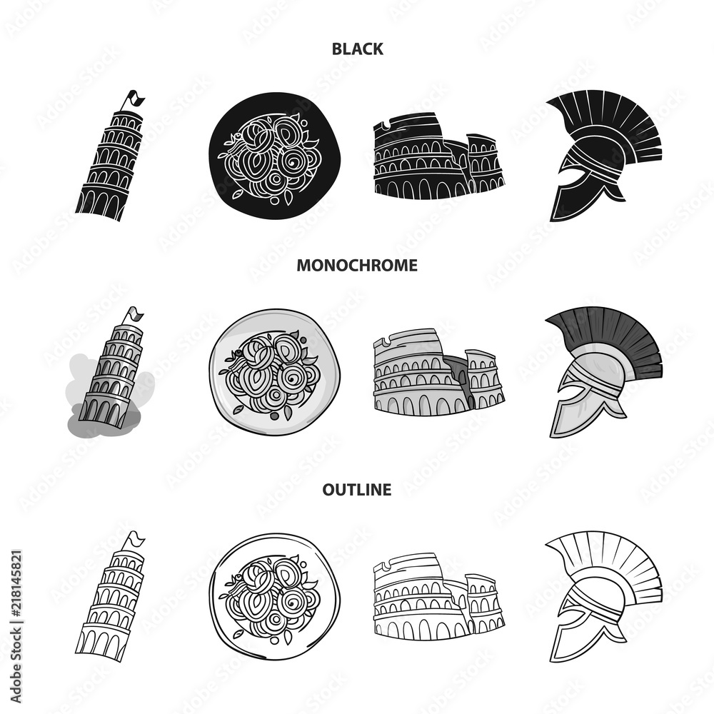 Pisa tower, pasta, coliseum, Legionnaire helmet.Italy country set ...