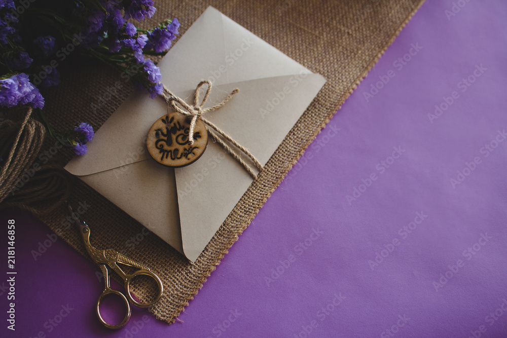 Hand made Wedding card Purple background with purple flowers Stock ...