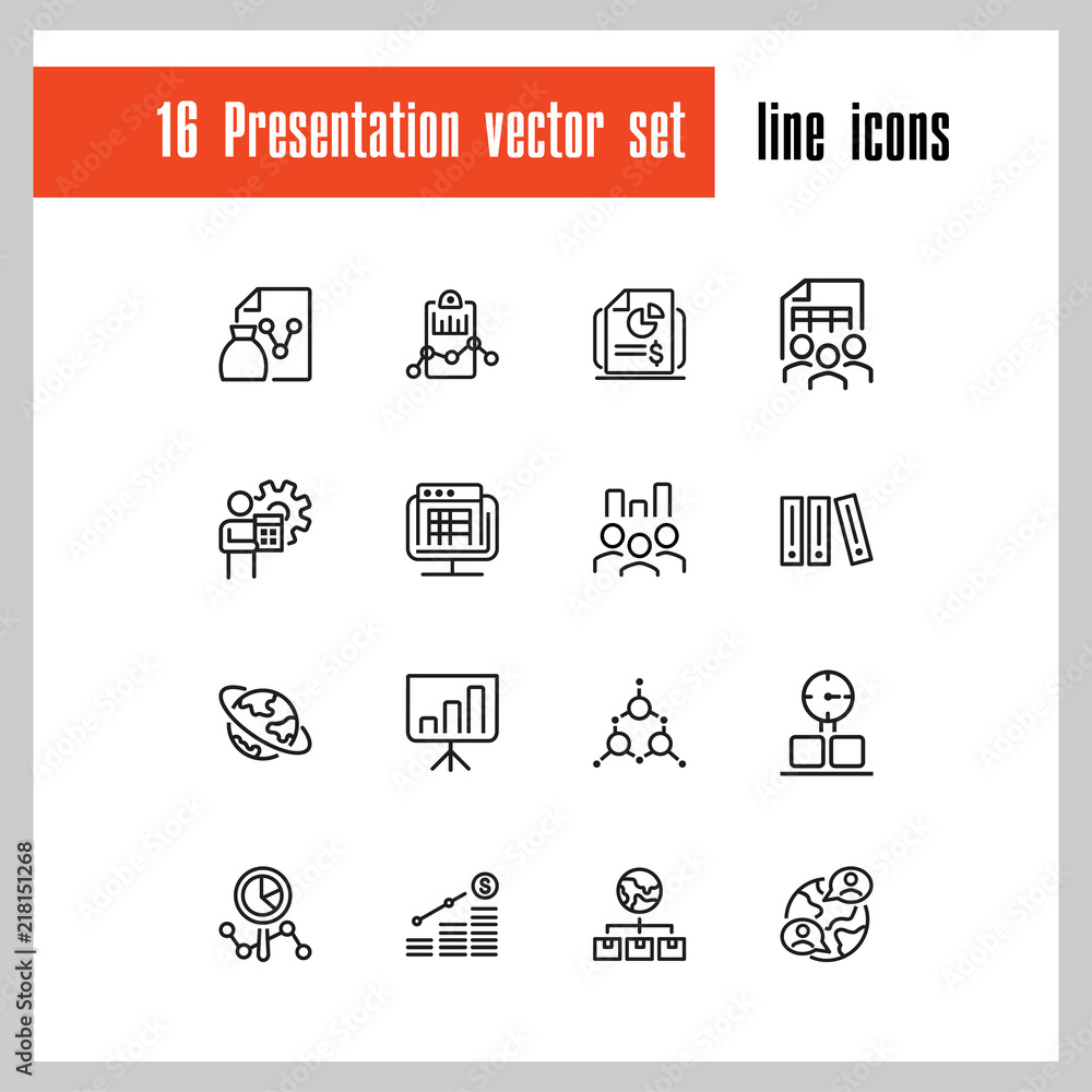Presentation icons. Set of line icons. Report, research, diagram ...