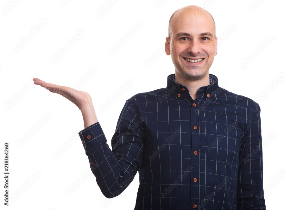 bald man smiling and presenting some product on his palm Stock Photo ...