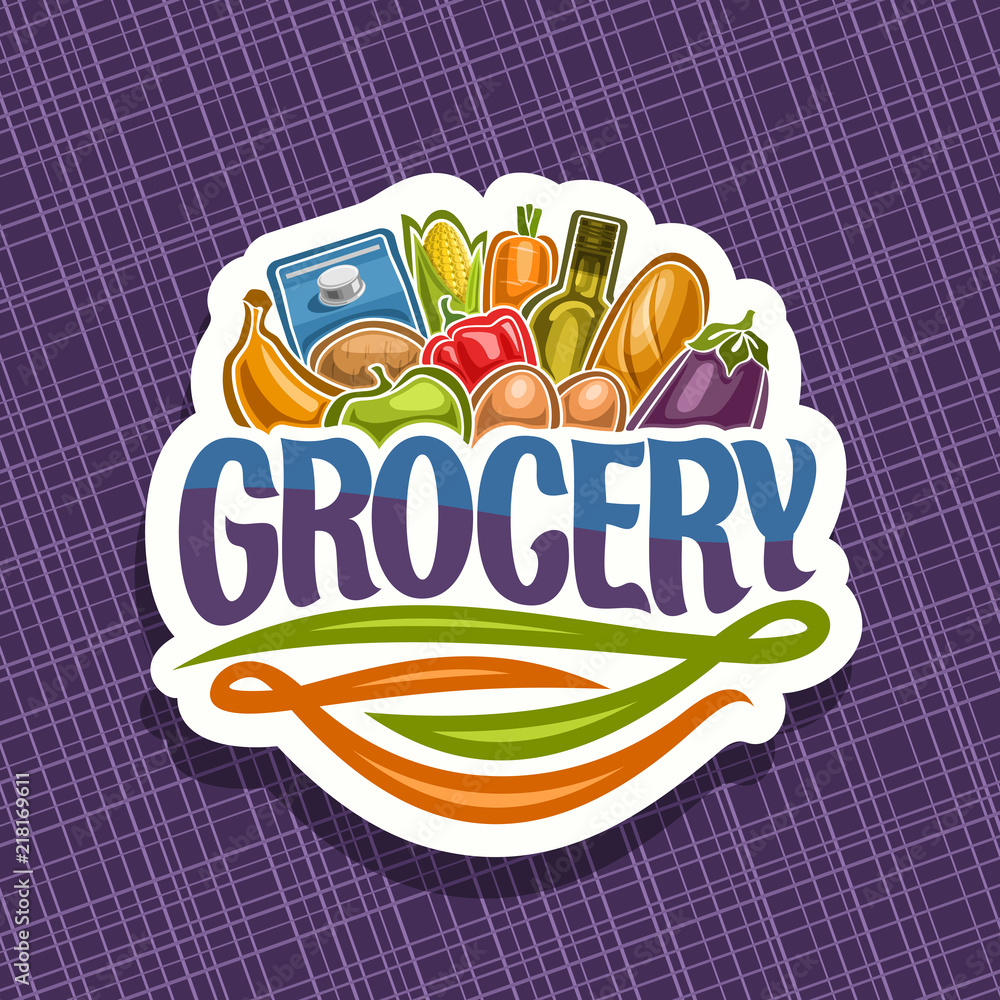 Vetor de Vector logo for Grocery Store, cut paper sign with heap of ...