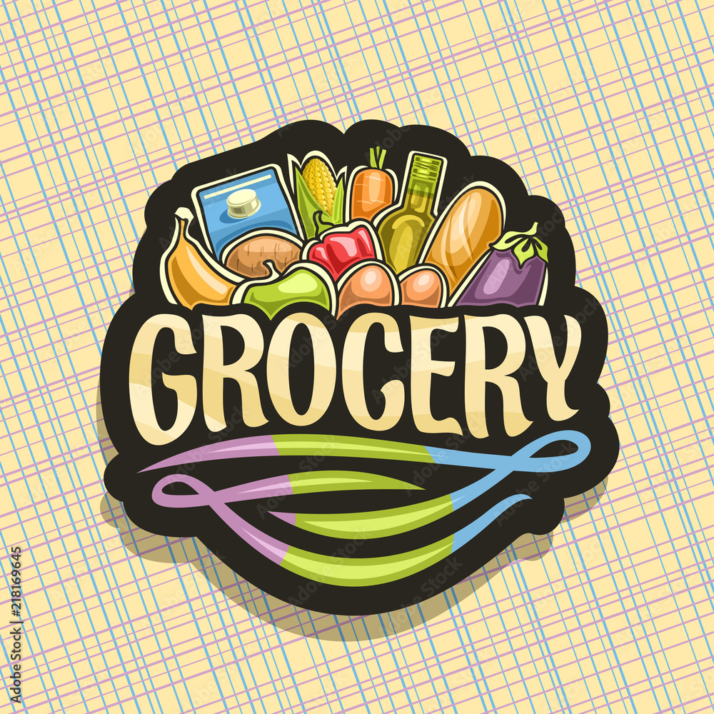 Vector logo for Grocery Store, dark sign with heap of fresh fruits ...