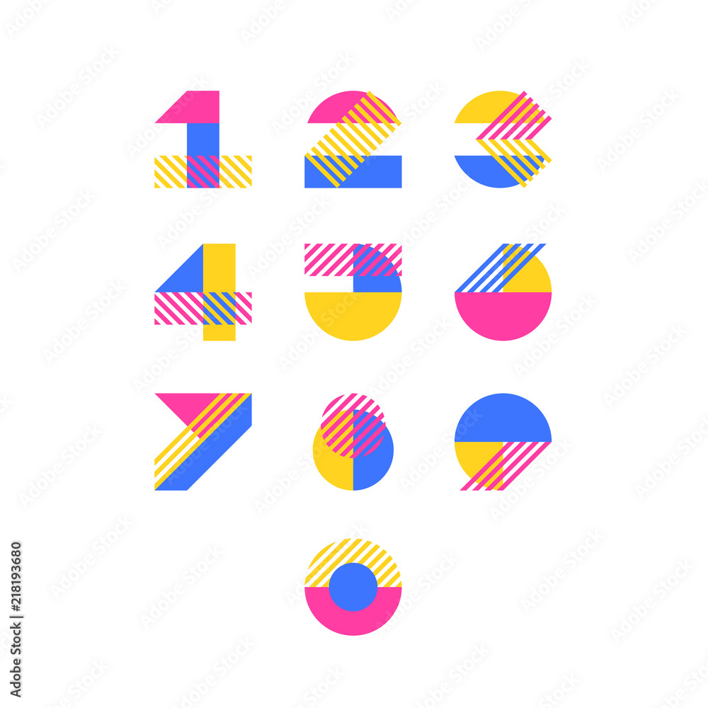 Vector numerals. Set of simple color geometry shapes' figures and ...