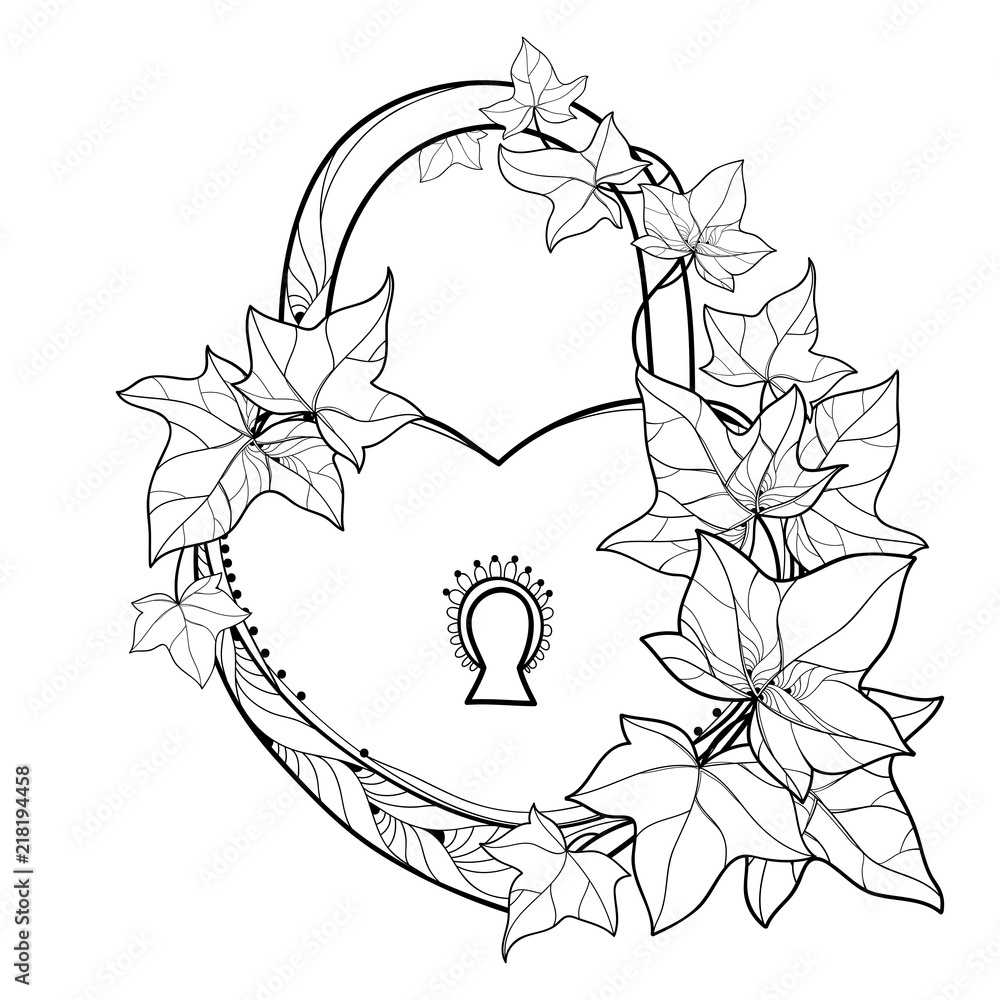 Vector padlock heart with outline bunch Ivy or Hedera vines. Ornate ...