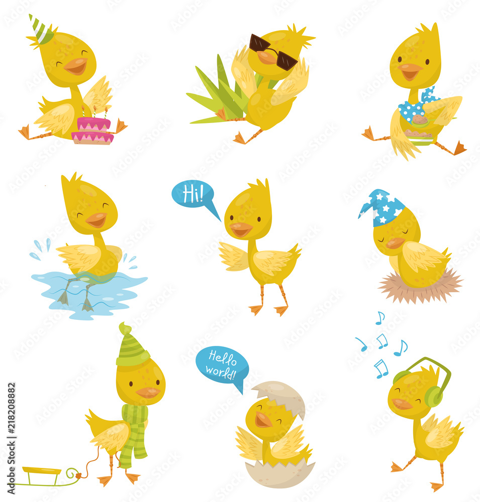 Cute funny little duckling character set, yellow chick duck in ...