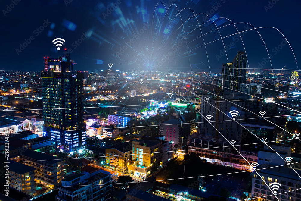 network connection digital technology on city background for business ...