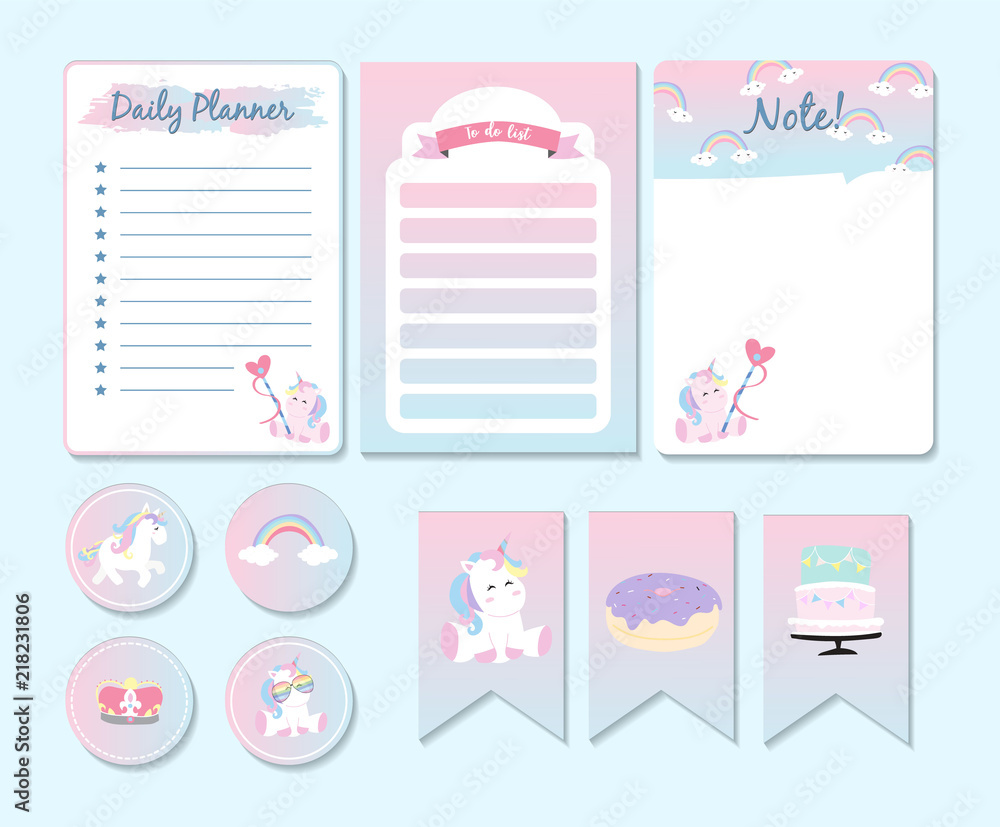 Printable and circle sticker with unicorn,cake,donut,crown,rainbow ...