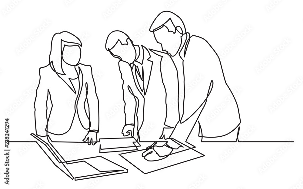 continuous line drawing of standing office workers editing paper ...