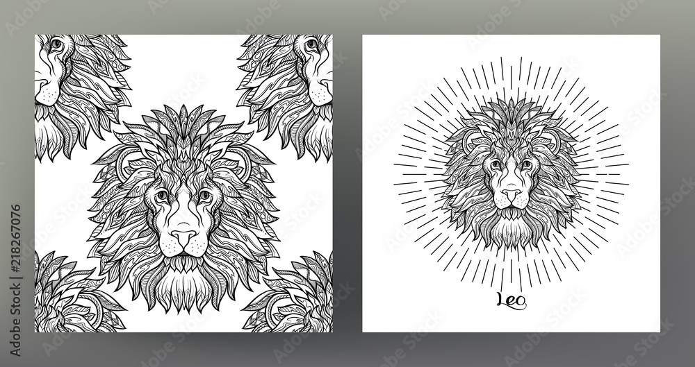 Leo, lion. Set of Zodiac sign illustration on the sacred geometry ...