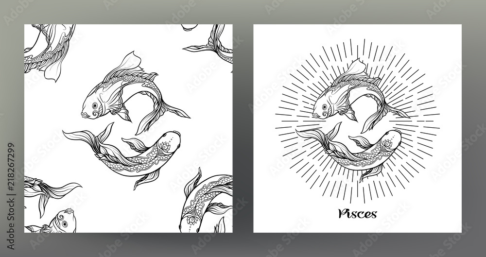 Pisces, fish. Set of Zodiac sign illustration on the sacred geometry ...