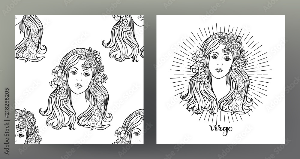 Virgo, women, girl/ Set of Zodiac sign illustration on the sacred ...