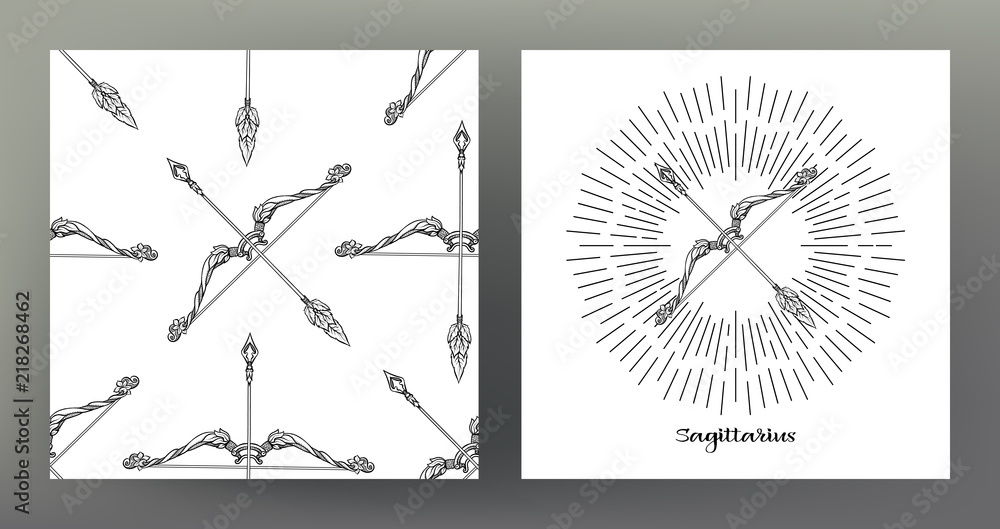 Sagittarius, bow arrows. Set of Zodiac sign illustration on the sacred ...