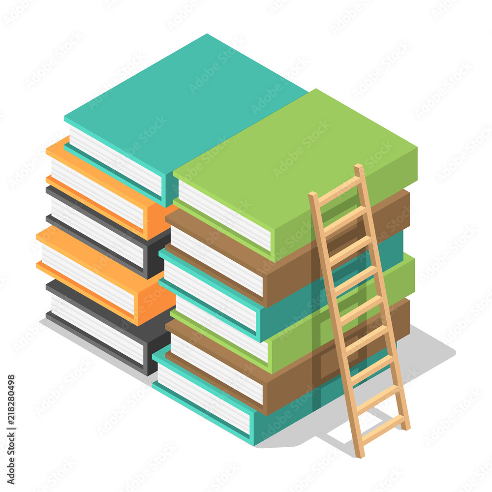 Wood ladder on stack books icon. Isometric of wood ladder on stack ...