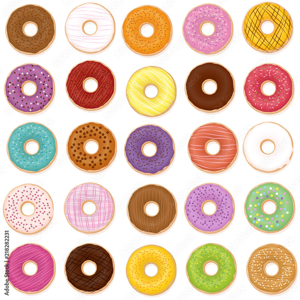 Donut varieties. Twenty-five different donuts with individual tastes ...