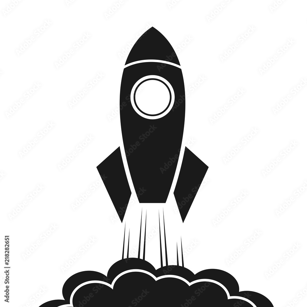 Simple, flat, black silhouette icon of a rocket taking off. Isolated on ...