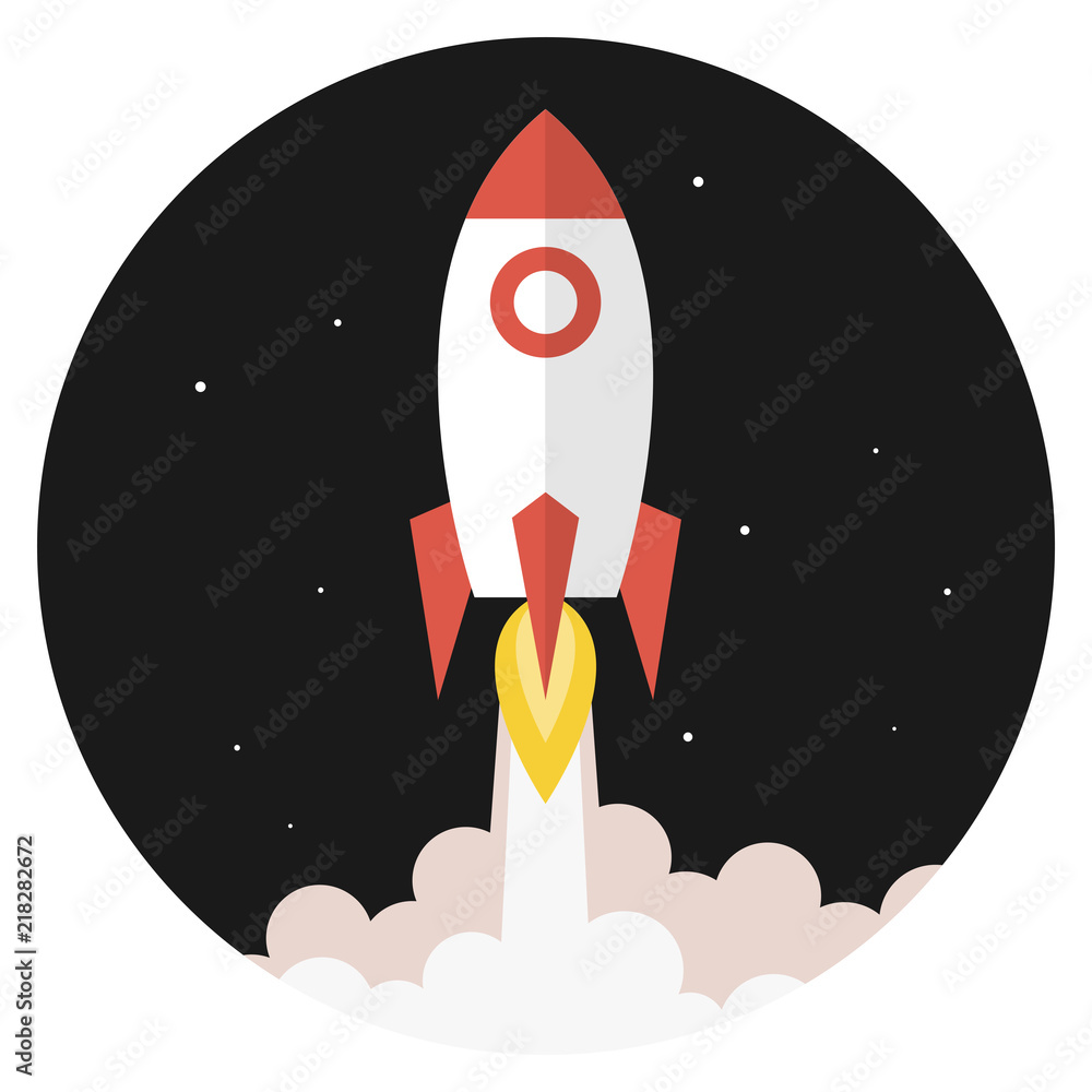 Flat, circular icon of a rocket in space. White and red spaceship ...