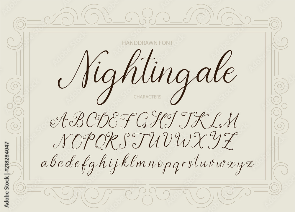 Nightingale. Handdrawn calligraphic vector font. Vintage gentle ...