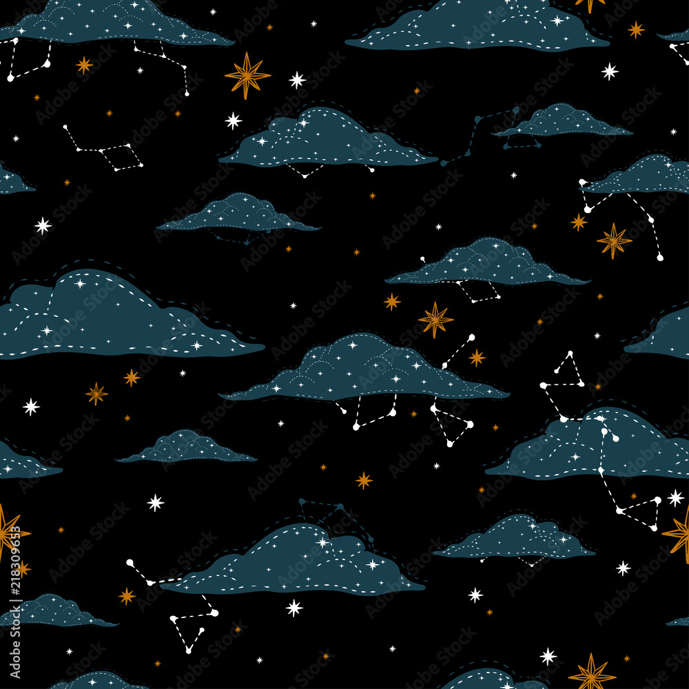 Seamless pattern with a night sky of cloud stars and constellations ...