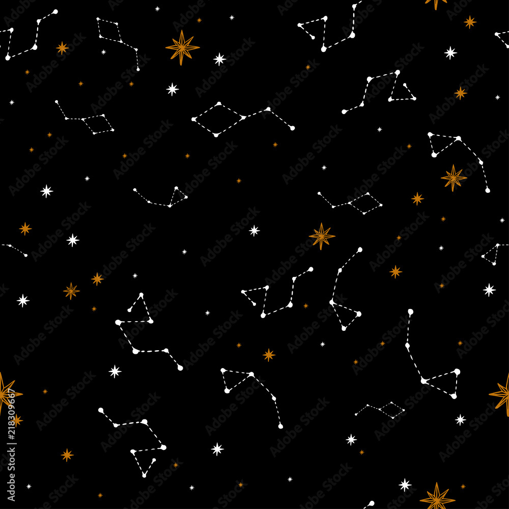 Seamless pattern with a night sky of stars and constellations. Hand ...