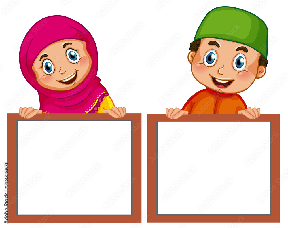 Muslim children and empty board Stock Vector | Adobe Stock