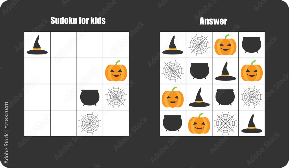 Sudoku game with halloween pictures (cobweb, pumpkin) for children ...