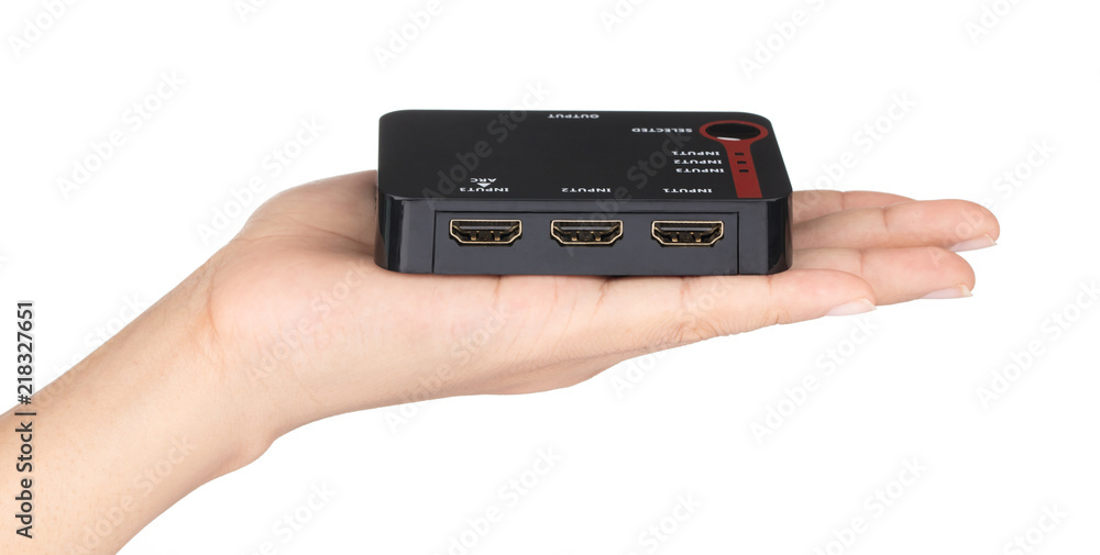 hand holding Modern Connect a PC to tv HDMI Switch 3x1 isolated on ...