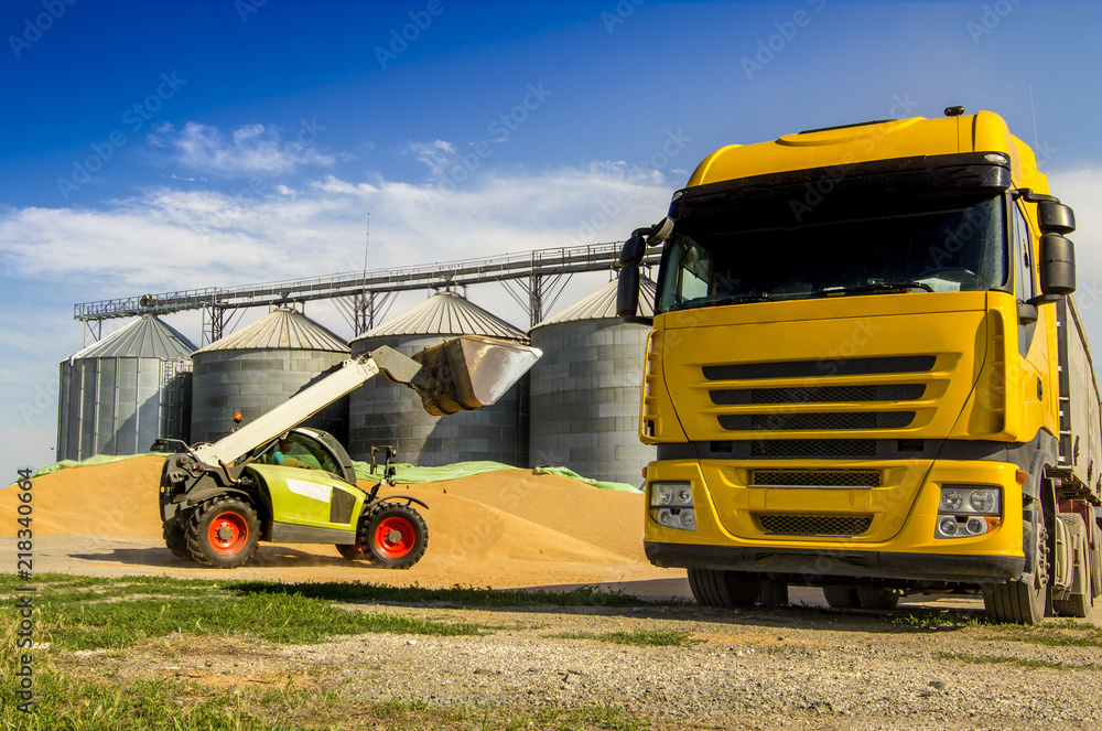 front end loader of grain from a pile to a truck ภาพถ่ายสต็อก | Adobe Stock