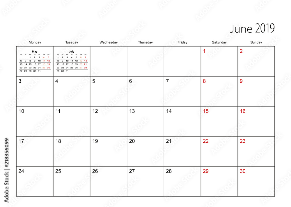 June 2019 simple calendar planner, week starts from Monday. Stock ...