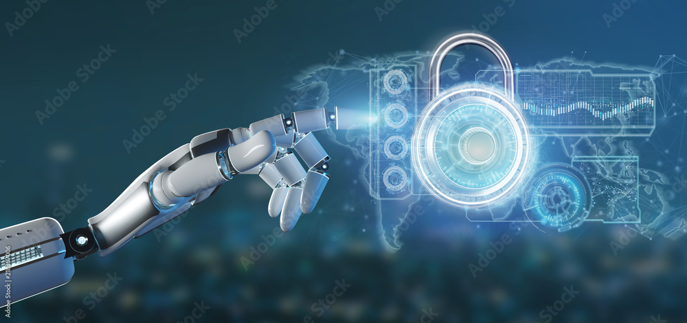 Cyborg hand holding a Padlock security technology interface 3d ...