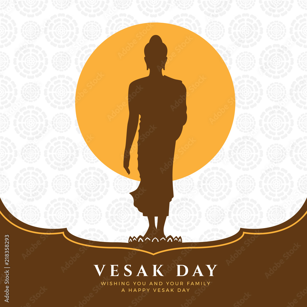 vesak day banner with Buddha Sign Stand Up on lotus and full moon on ...