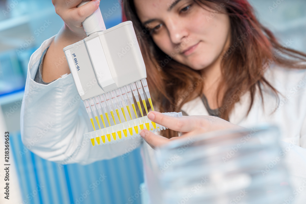 Woman technician with multipipette in genetic laboratory PCR research ...